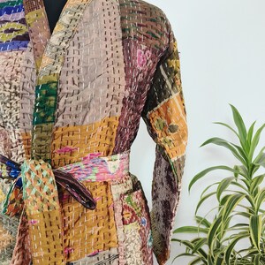 Short Silk Kimono Style Short Jacket With Pockets and Tie-up in Beige ...
