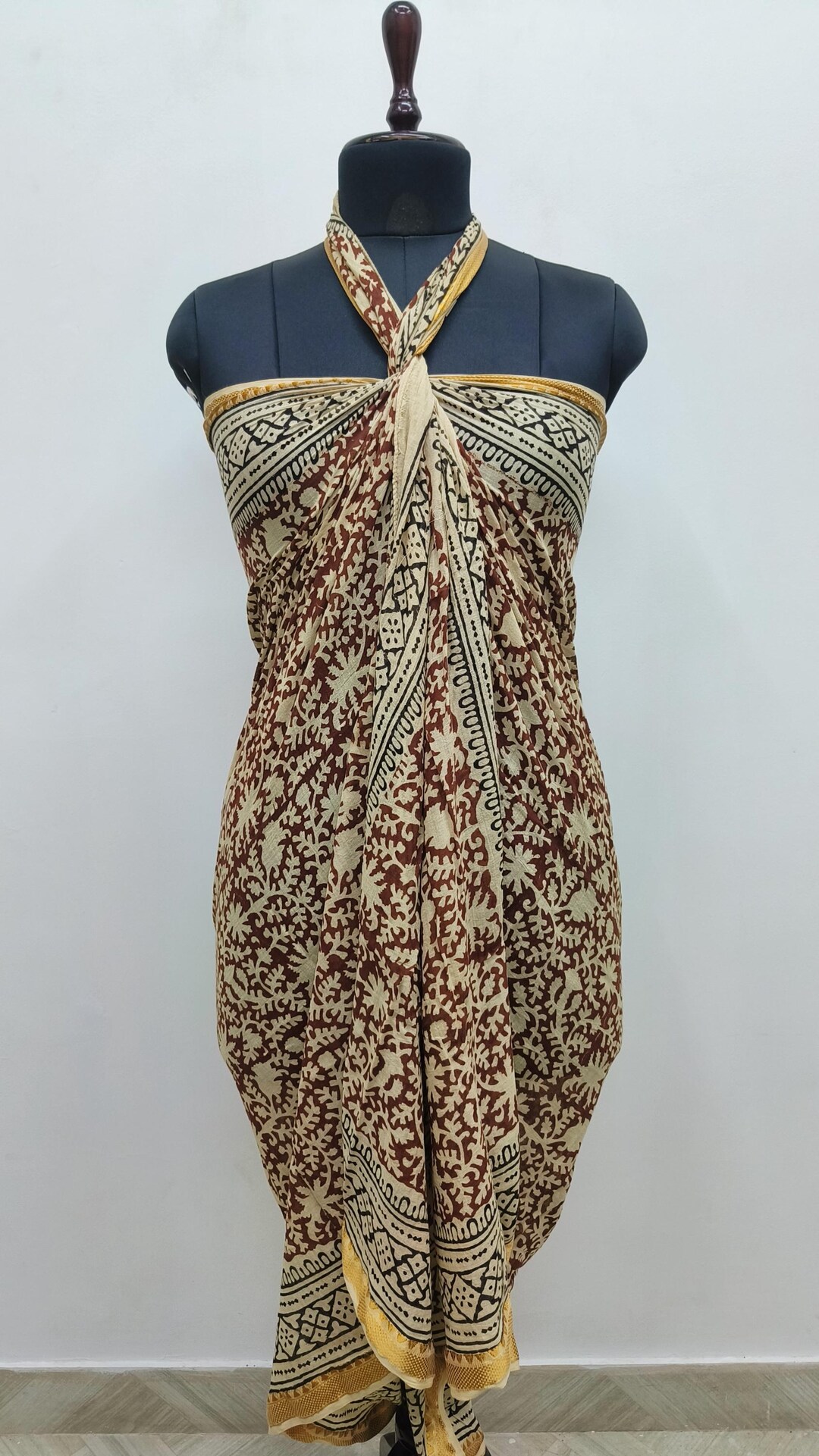 Brown & Beige Sarong in Floral Block Print | Beachwear | Swimwear ...