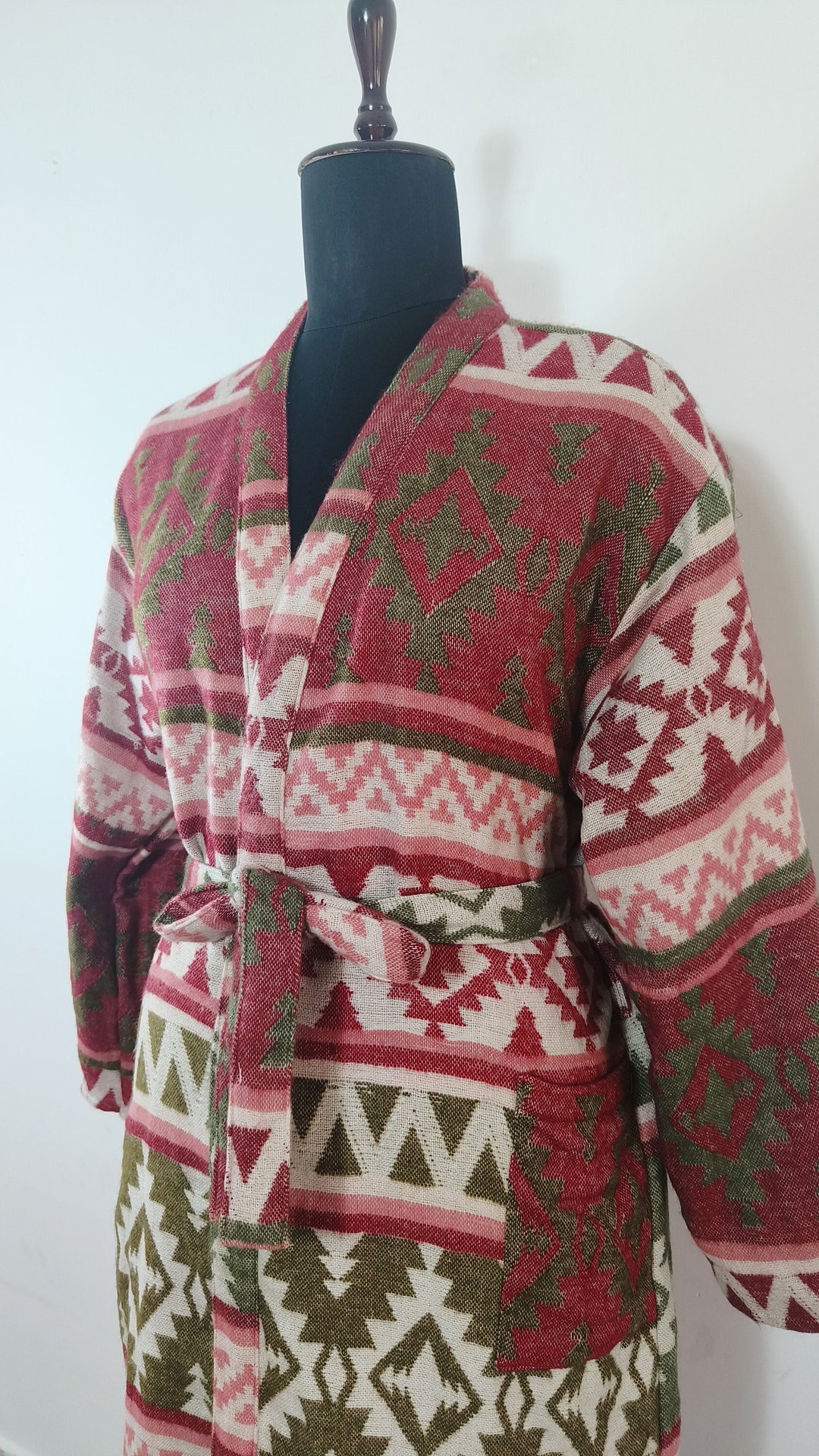 Unisex House Lounge Robe in Yak Wool Blend | Red, Pink & Brown Ikat ...