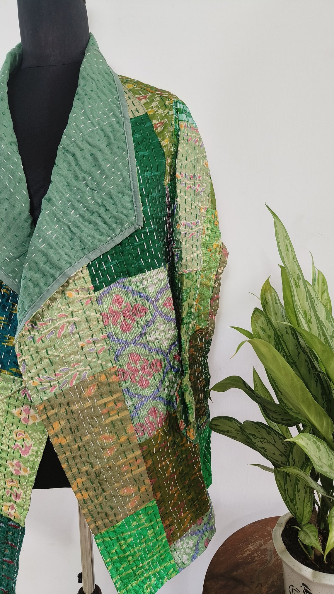 Elegant Waterfall Silk Jacket With Two Side Pockets | Patchwork Silk ...