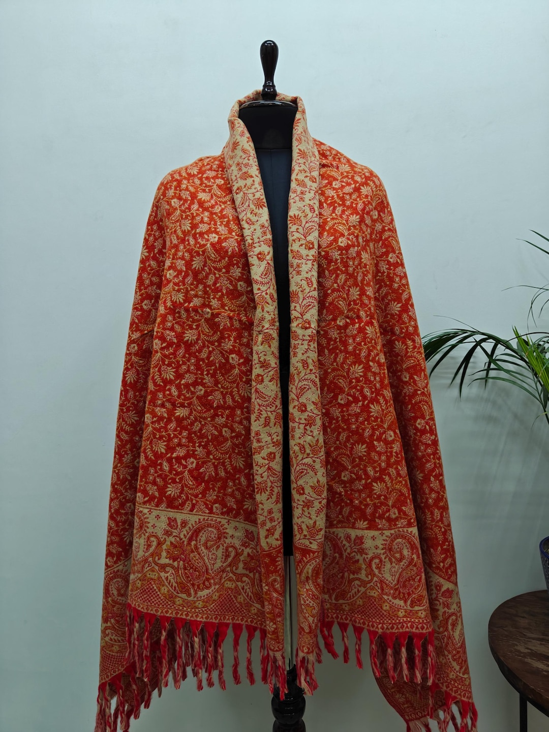 Unisex Yak Wool Blend Shawl in Orange & Beige Floral Print | Ethnic ...