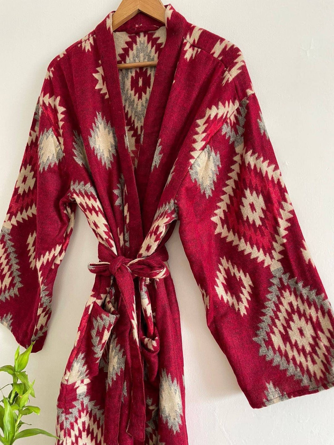 XXL Size Unisex Handmade Yak Wool Mix Kimono/house Lounge Robe Deep Red ...