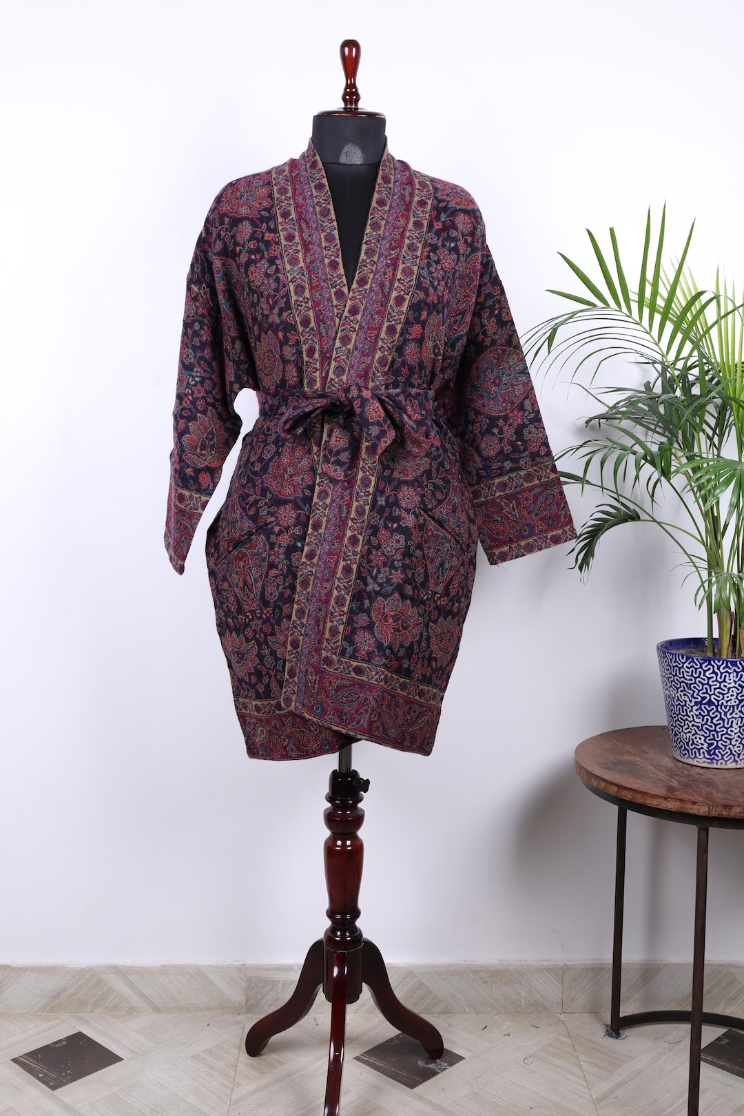 Short Unisex Merino Wool House Lounge Robe | Blue & Purple Floral Print ...