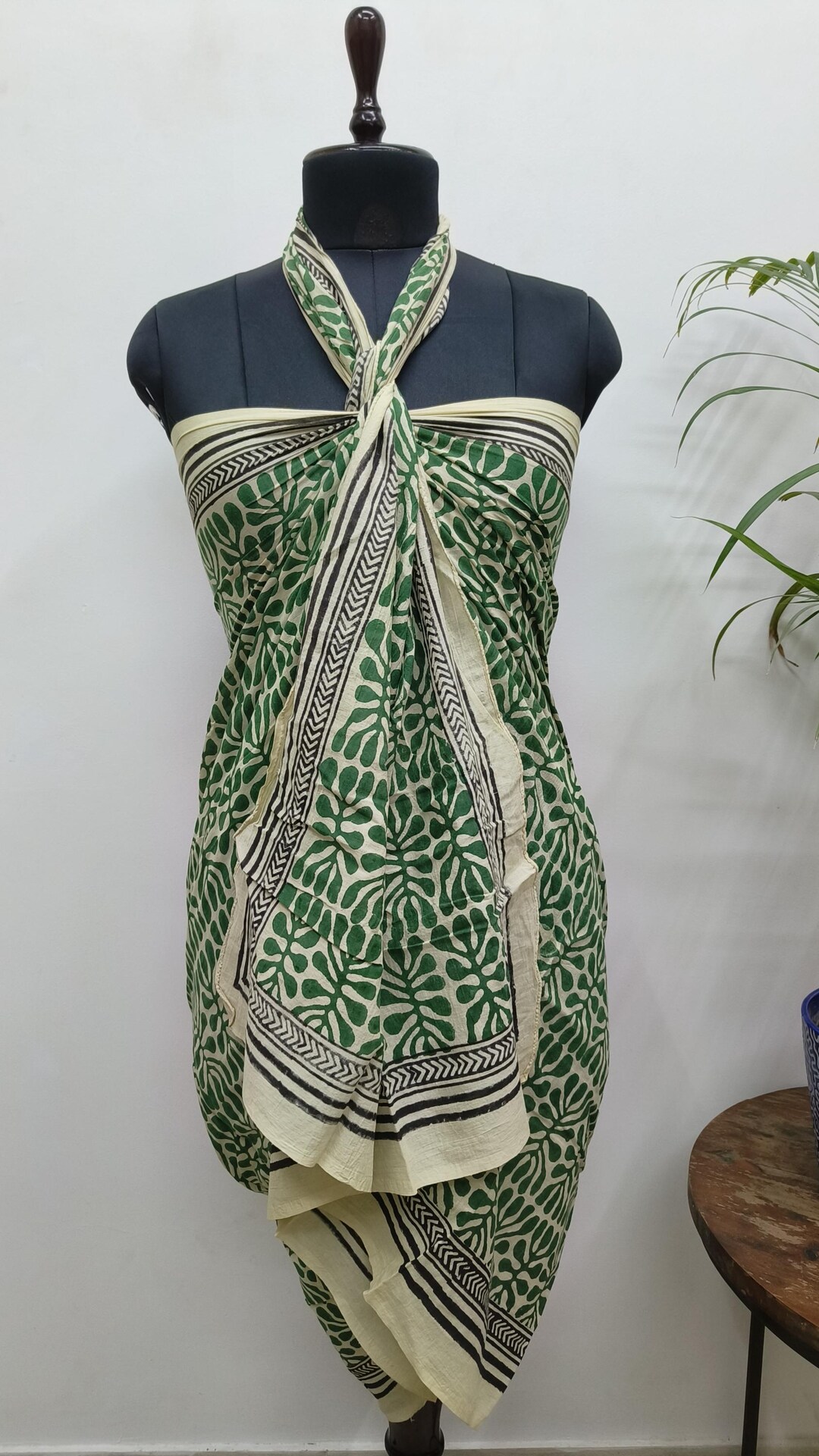 Green & Beige Sarong in Floral Block Print | Beachwear | Swimwear ...