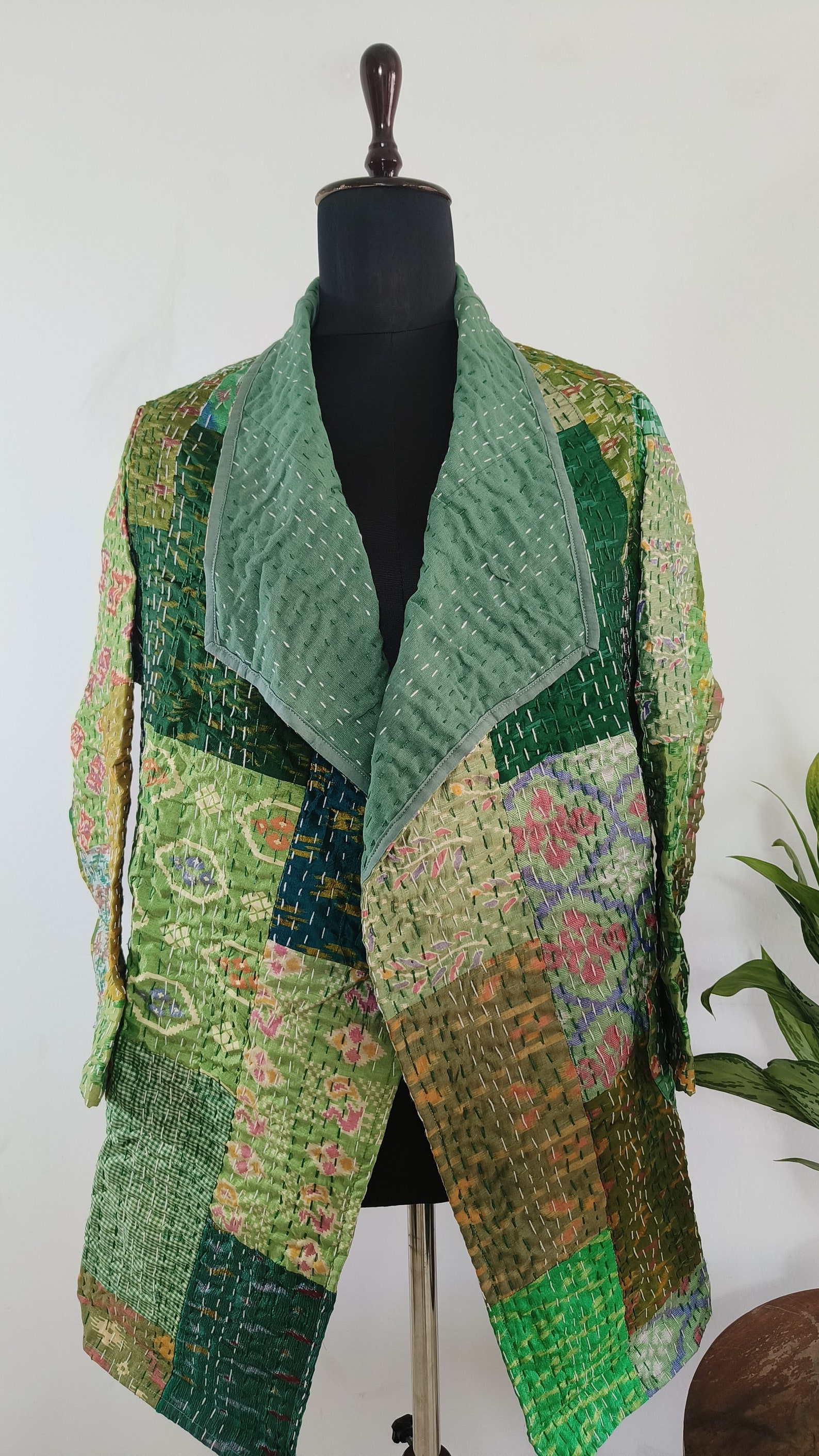 Elegant Waterfall Silk Jacket With Two Side Pockets | Patchwork Silk ...