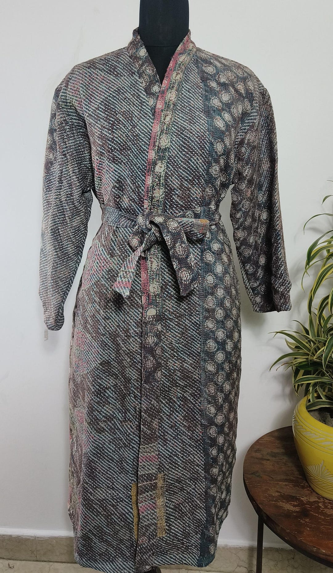 Vintage Kantha Cotton Long Kimono Robe | Grey, White & Pink | Fine ...
