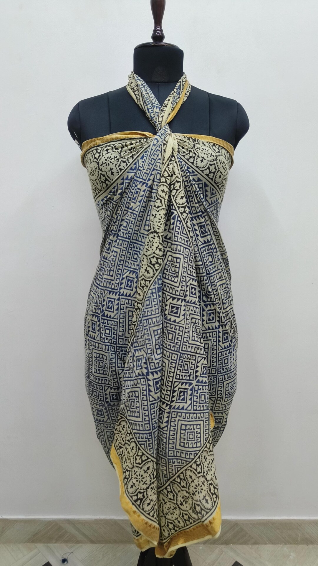 Indigo Blue & Beige Sarong in Abstract Block Print | Beachwear ...