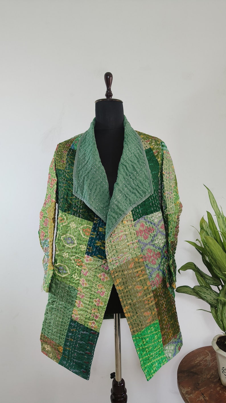 Elegant Waterfall Silk Jacket With Two Side Pockets | Patchwork Silk ...