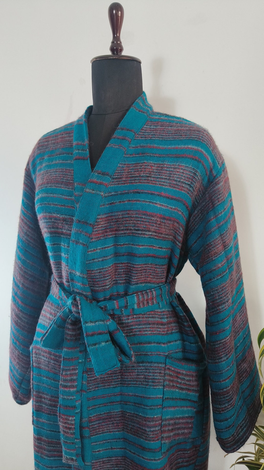 Unisex House Lounge Robe in Yak Wool Blend | French Blue & Red Stripes ...