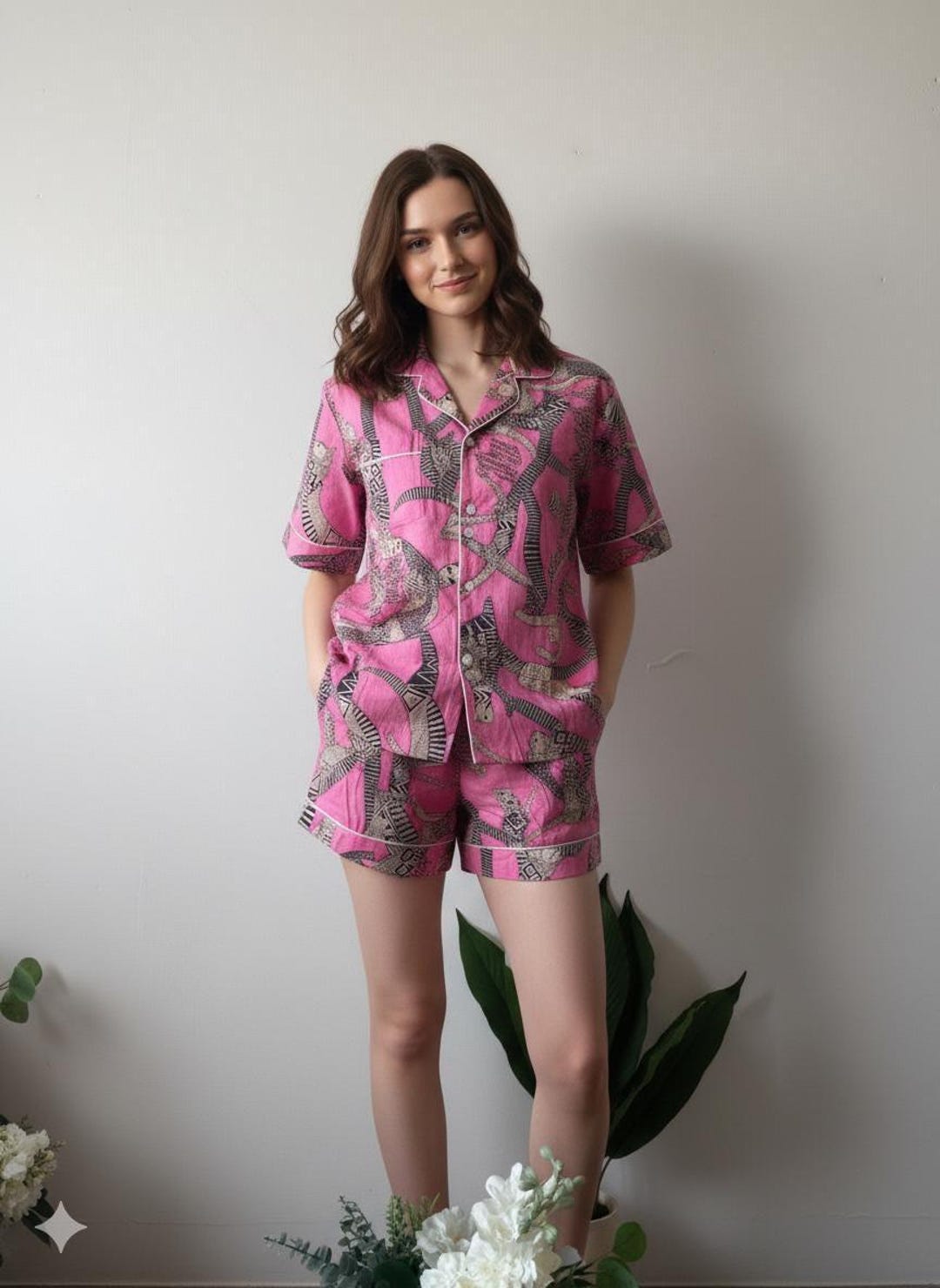 Luxurious Pink & Black Cotton Lounge Set | Modern Cat Print | Soft Cozy ...