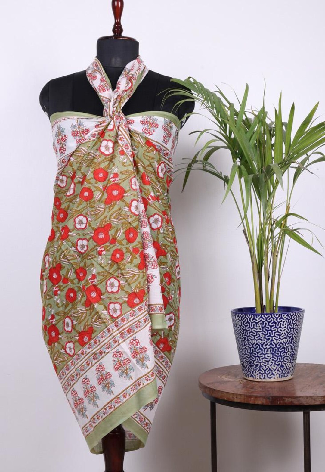 Sage Green & Red Sarong in Floral Block Print | Beachwear | Swimwear ...