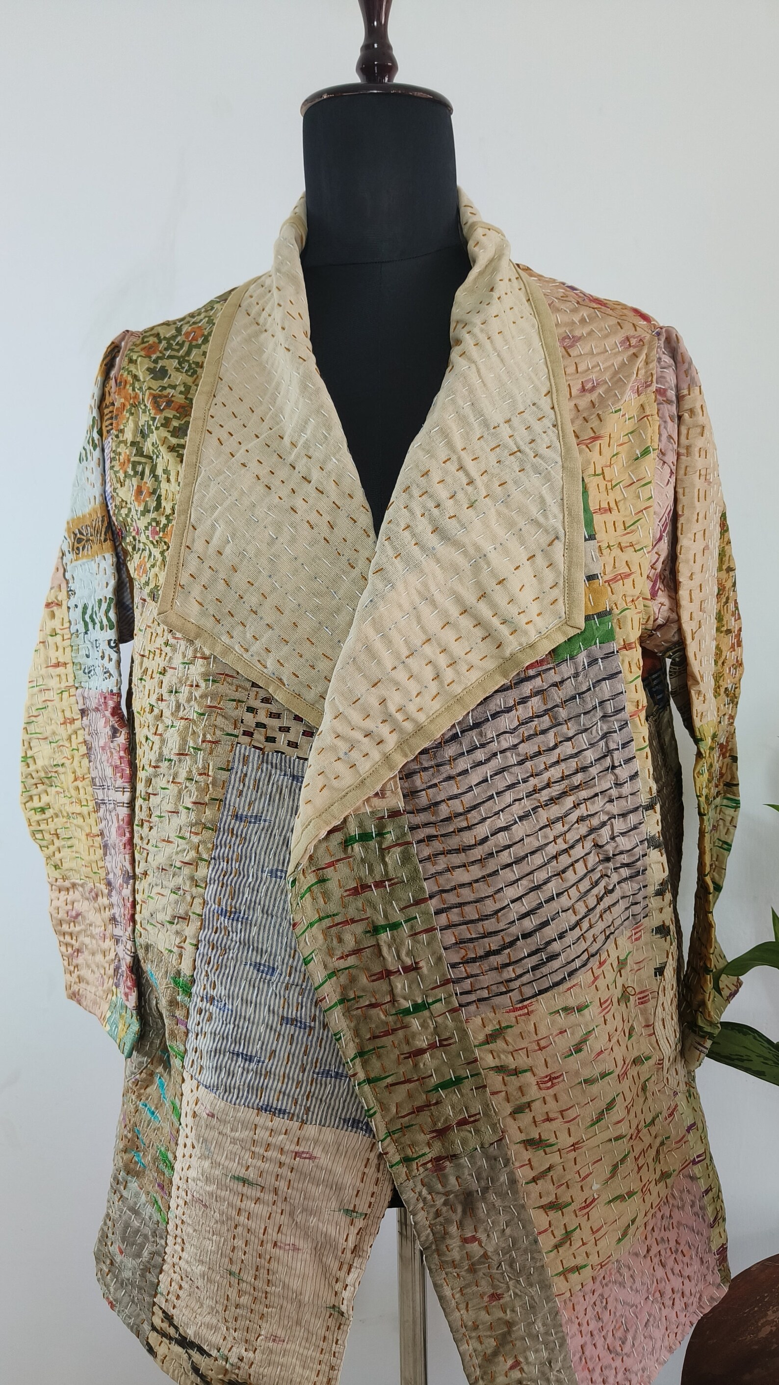 Elegant Waterfall Silk Jacket With Two Side Pockets | Patchwork Silk ...