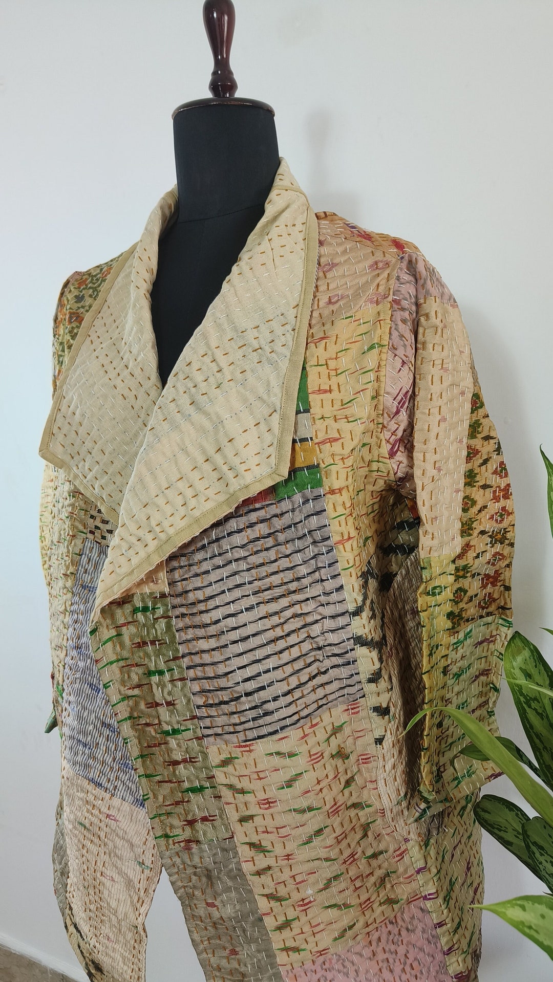 Elegant Waterfall Silk Jacket With Two Side Pockets | Patchwork Silk ...