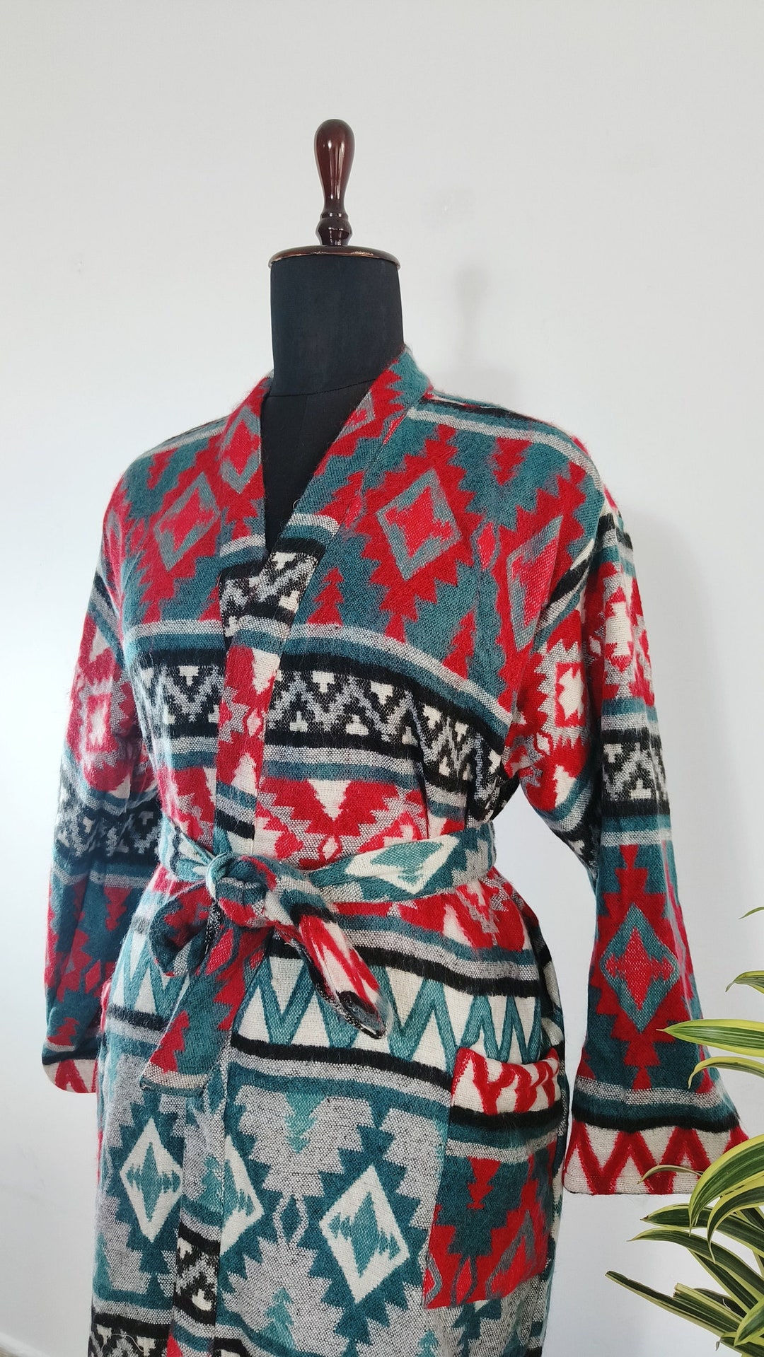 Unisex House Lounge Robe in Yak Wool Blend | Grey & Red Ikat Aztec ...