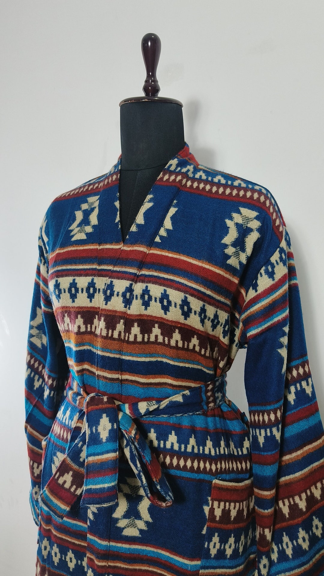 Unisex House Lounge Robe in Yak Wool Blend Blue, Beige & Red Ikat Aztec ...
