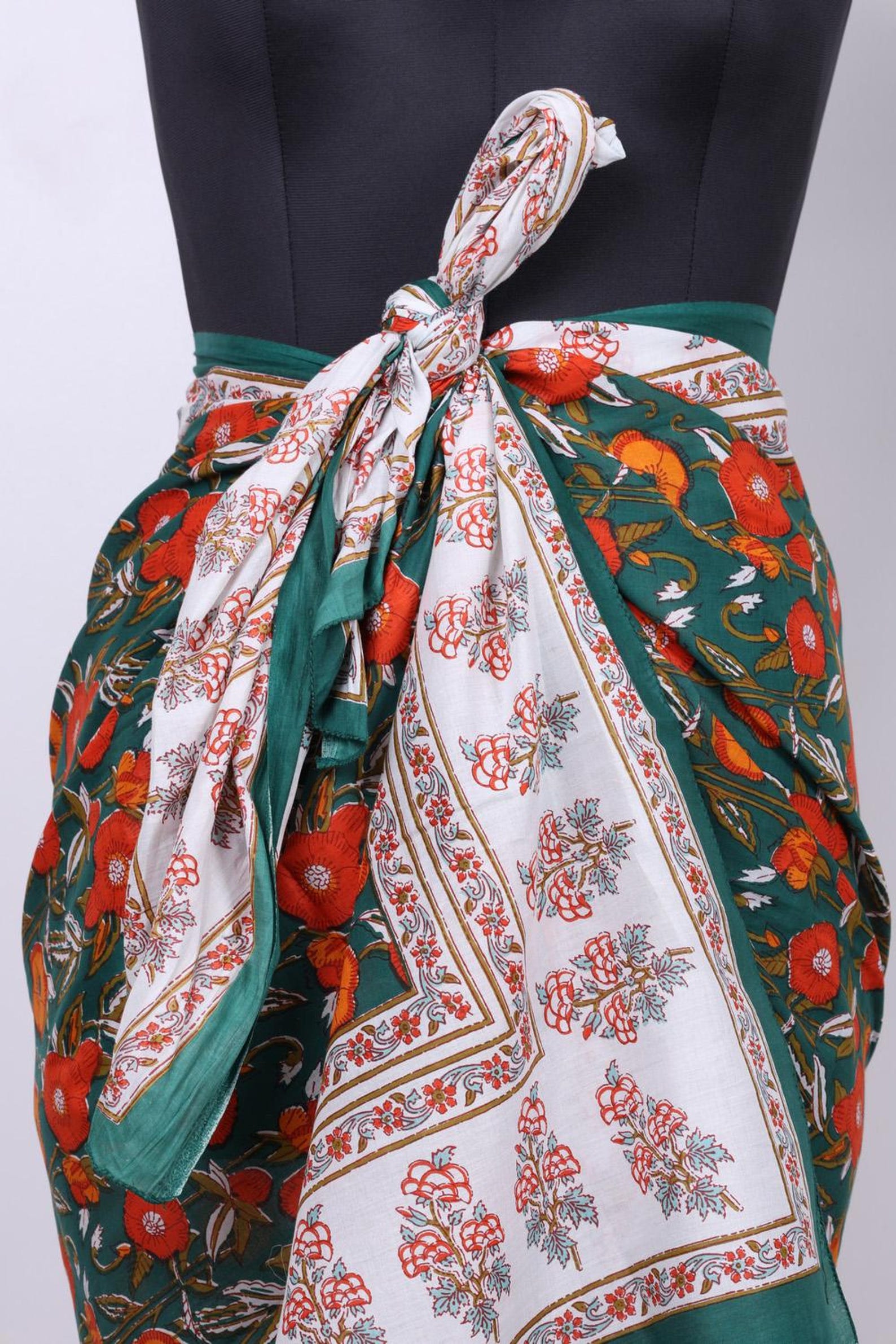Emerald Green & Red Sarong in Floral Block Print | Beachwear | Swimwear ...