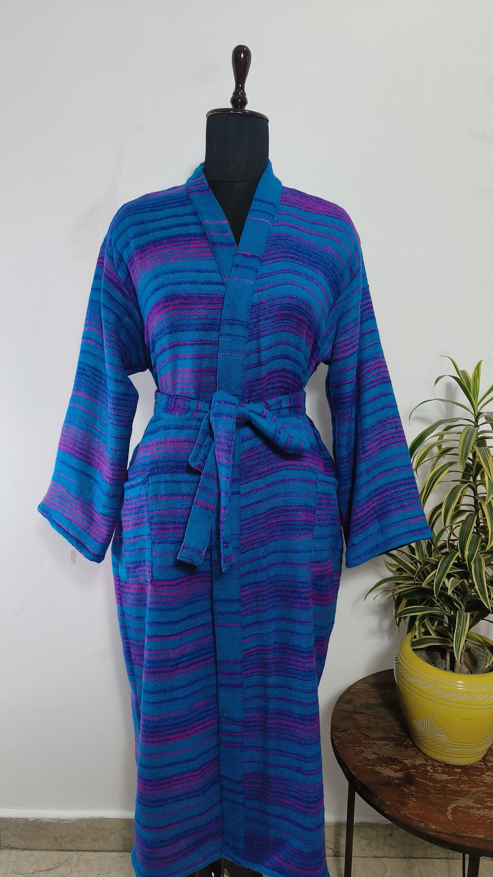 Unisex House Lounge Robe in Yak Wool Blend | Deep Teal Blue & Pink ...