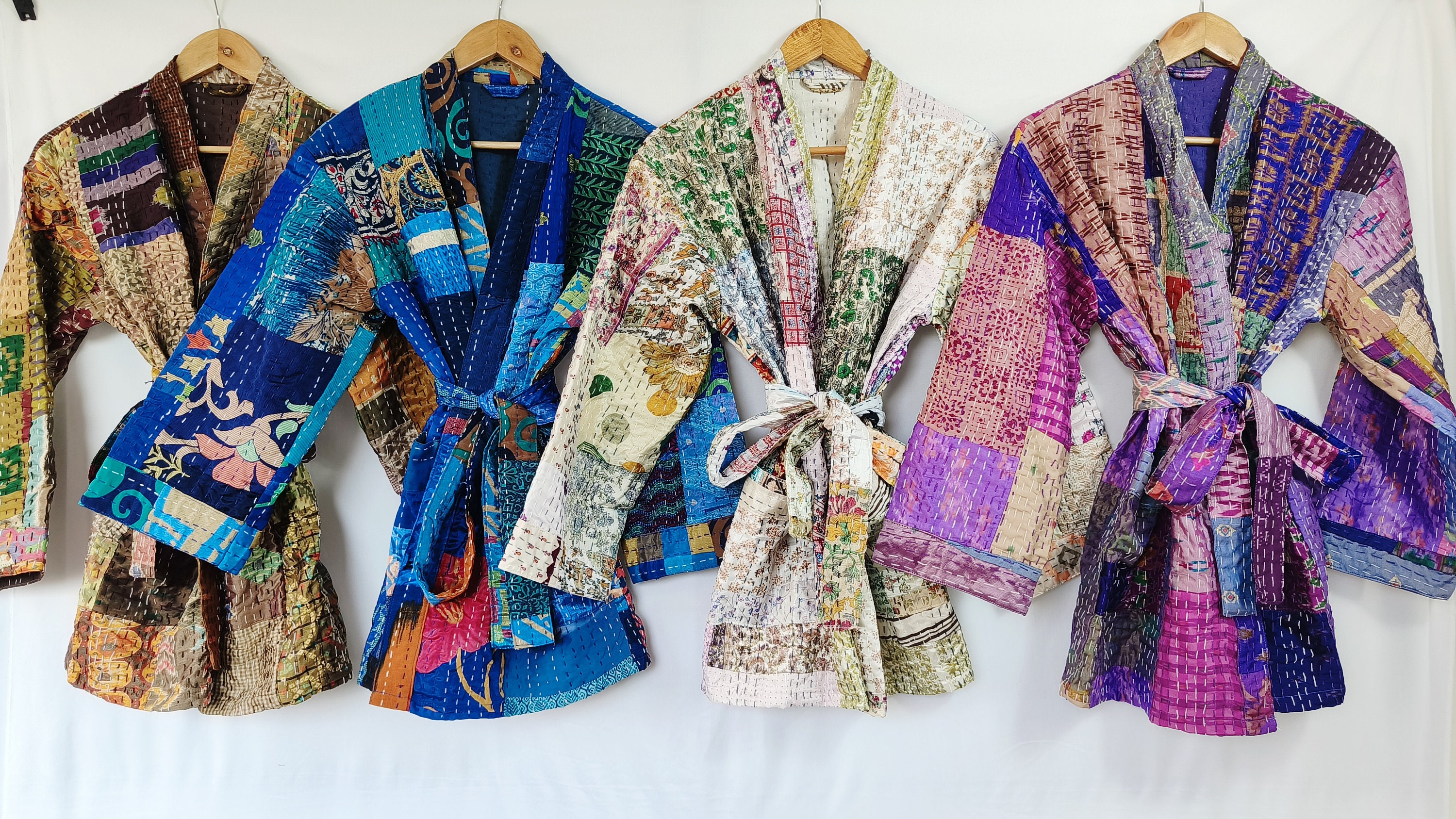 Short Silk Kimono Style Short Jacket With Pockets and Tie-up in Beige ...