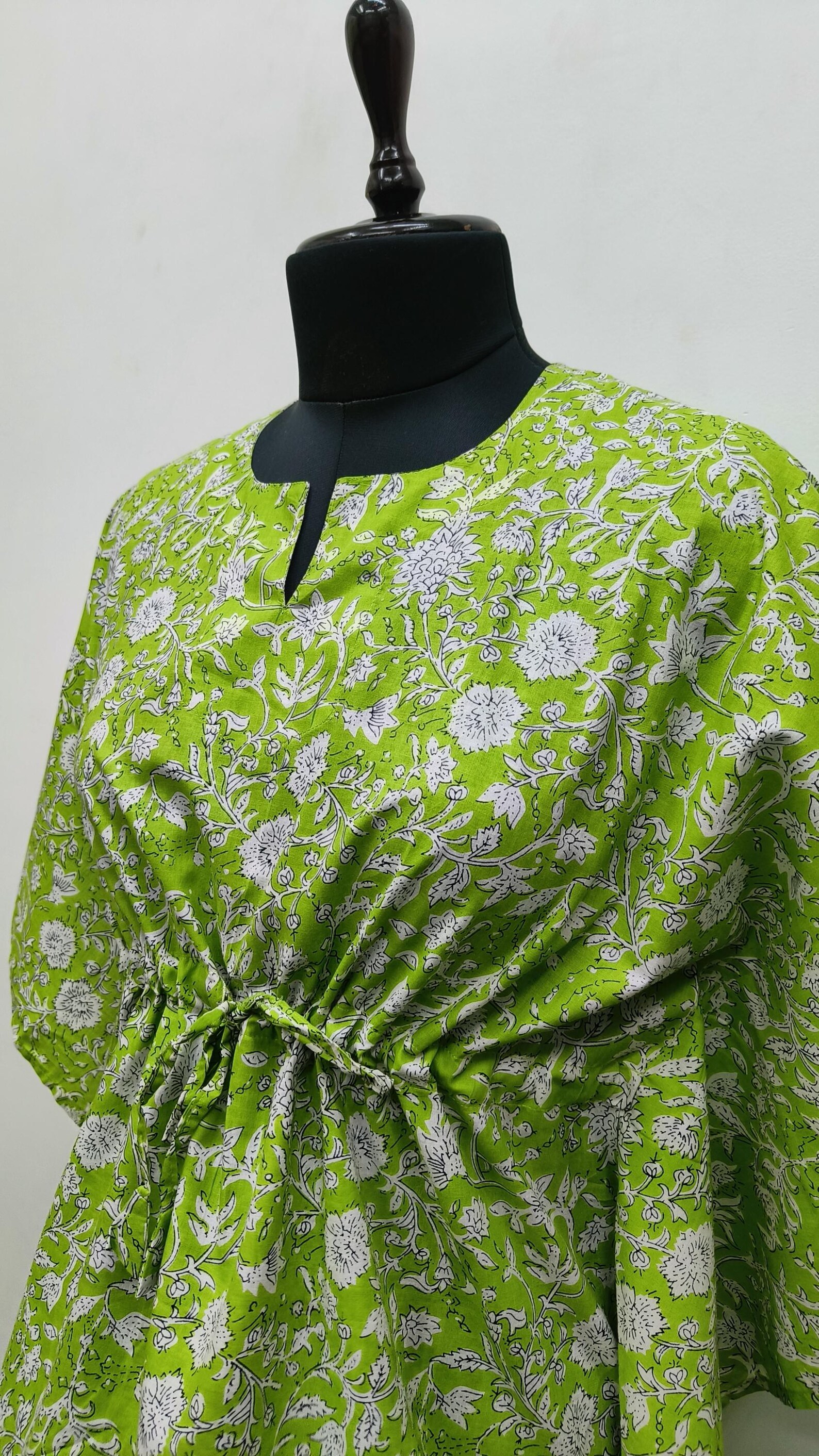 Lime Green & Offwhite With Stylized Floral Pattern in Pure Cotton ...