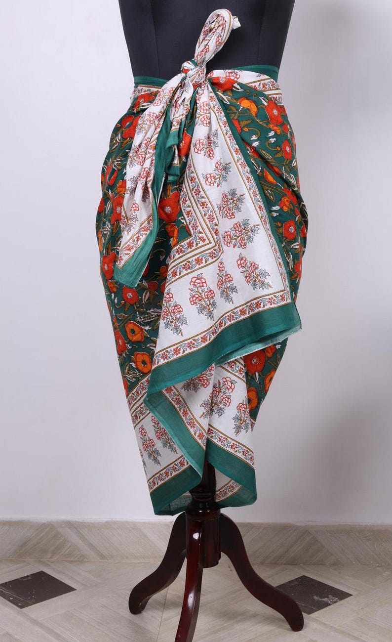 Emerald Green & Red Sarong in Floral Block Print | Beachwear | Swimwear ...