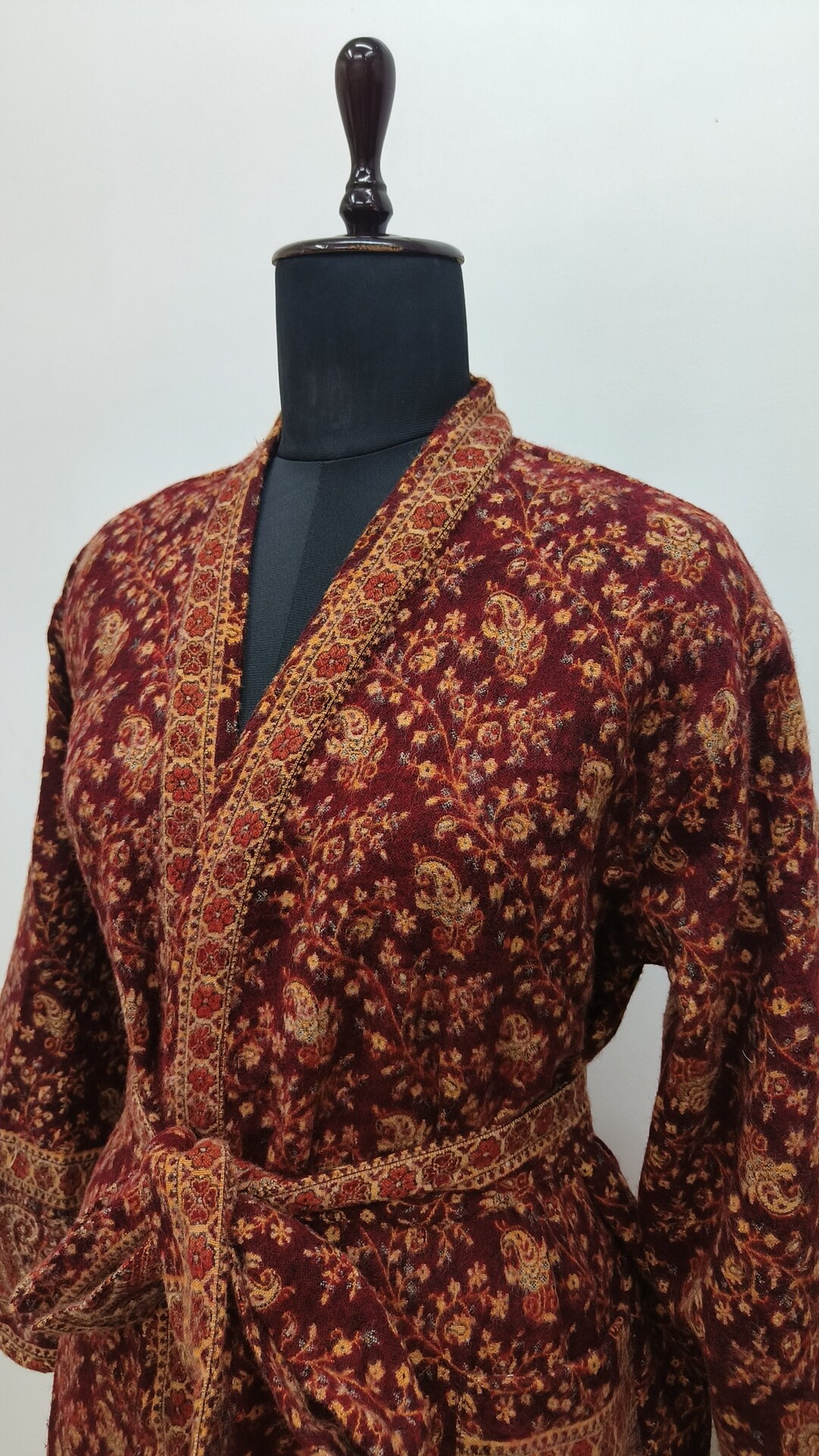 Handmade Yak Wool Mix Unisex Kimono House Robe | Deep Red & Beige ...