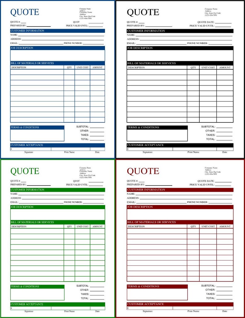 Quote Template | 4 Color Options | Zip File | EDITABLE & PRINTABLE Pdf ...