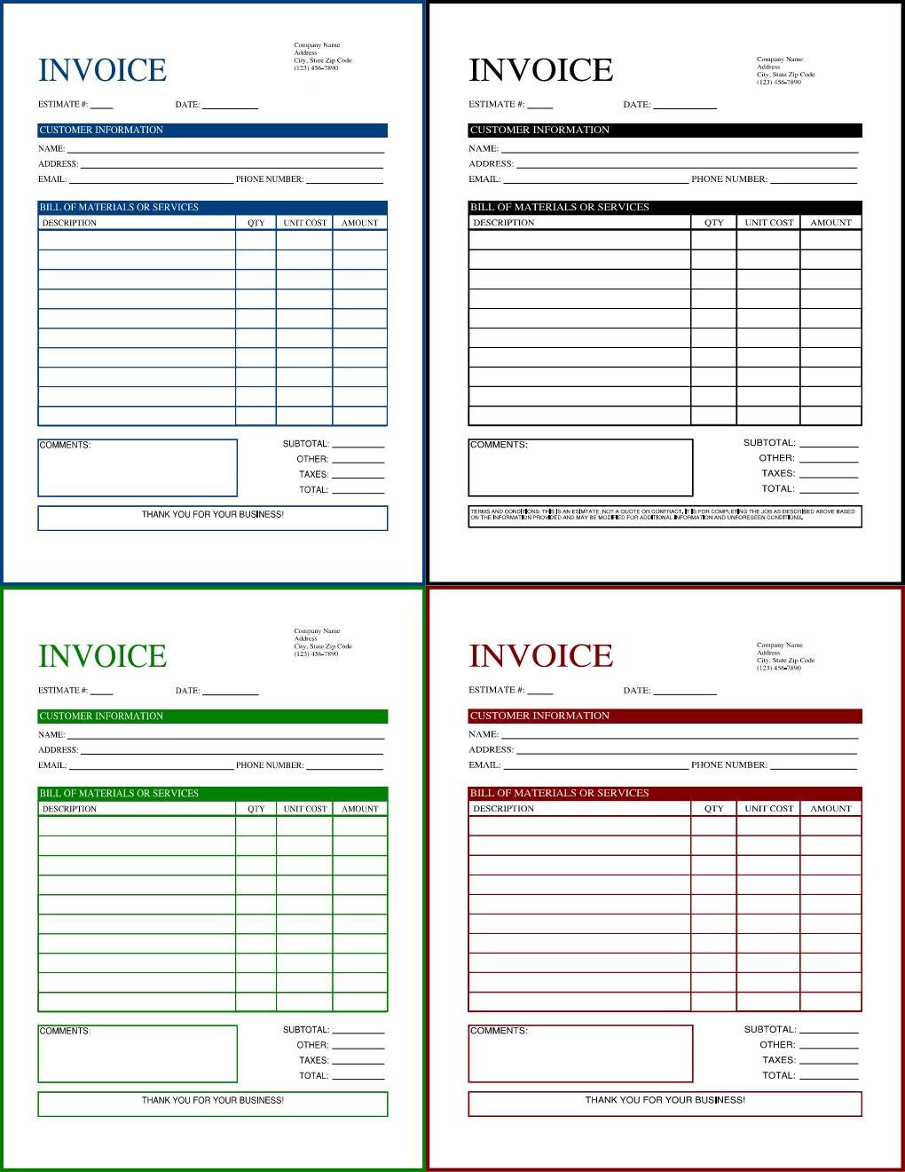 Invoice Template | 4 Color Options | Zip File | EDITABLE & PRINTABLE ...