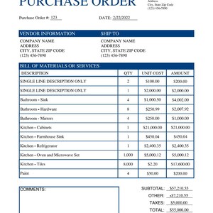 Purchase Order Template | 4 Color Options | Zip File | EDITABLE & PRINTABLE Pdf/doc on Microsoft ...