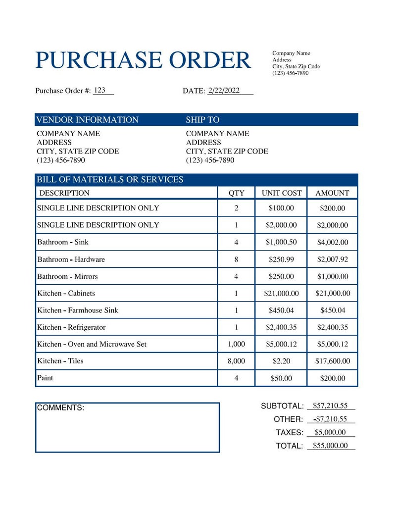 Purchase Order Template | 4 Color Options | Zip File | EDITABLE ...