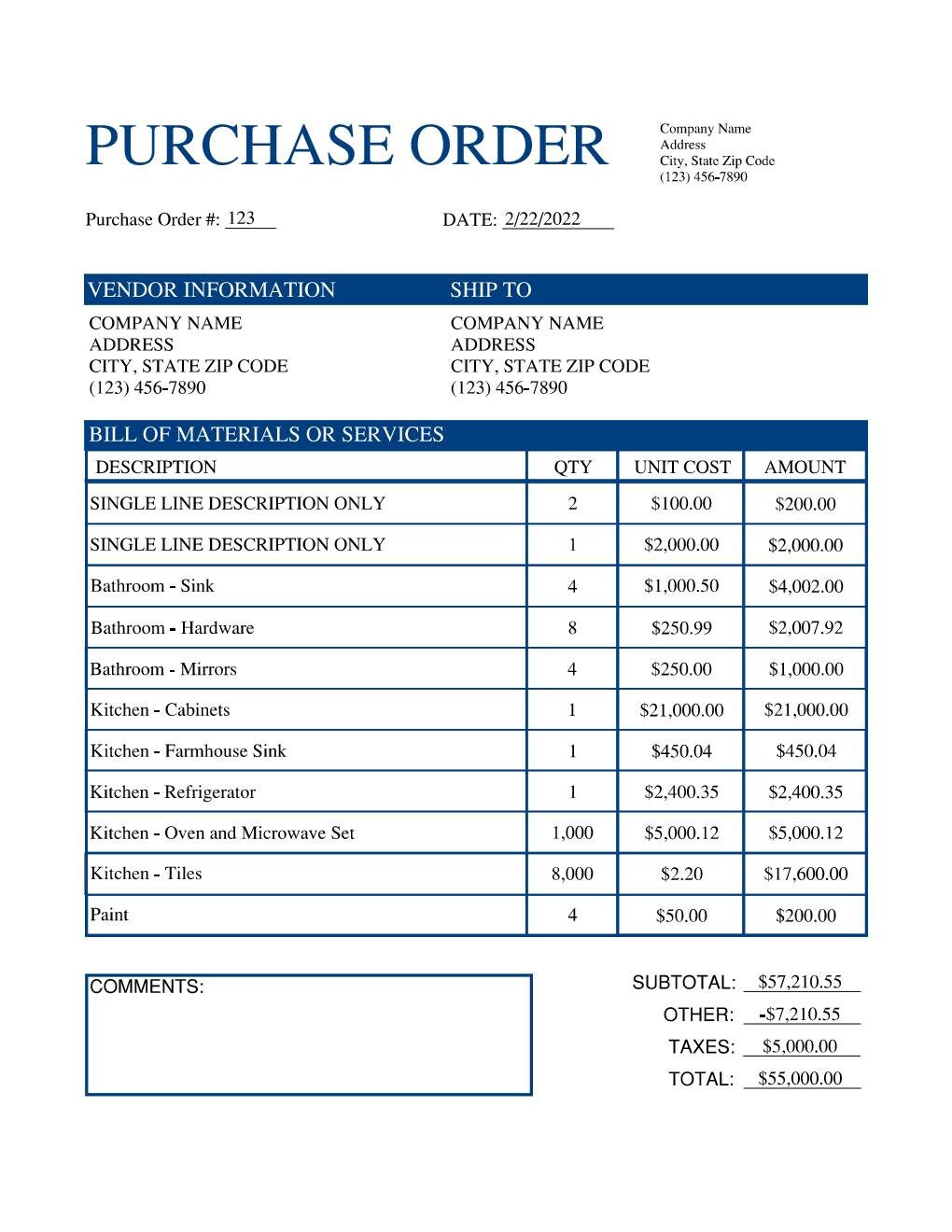 Purchase Order Template 4 Color Options Zip File EDITABLE & PRINTABLE ...