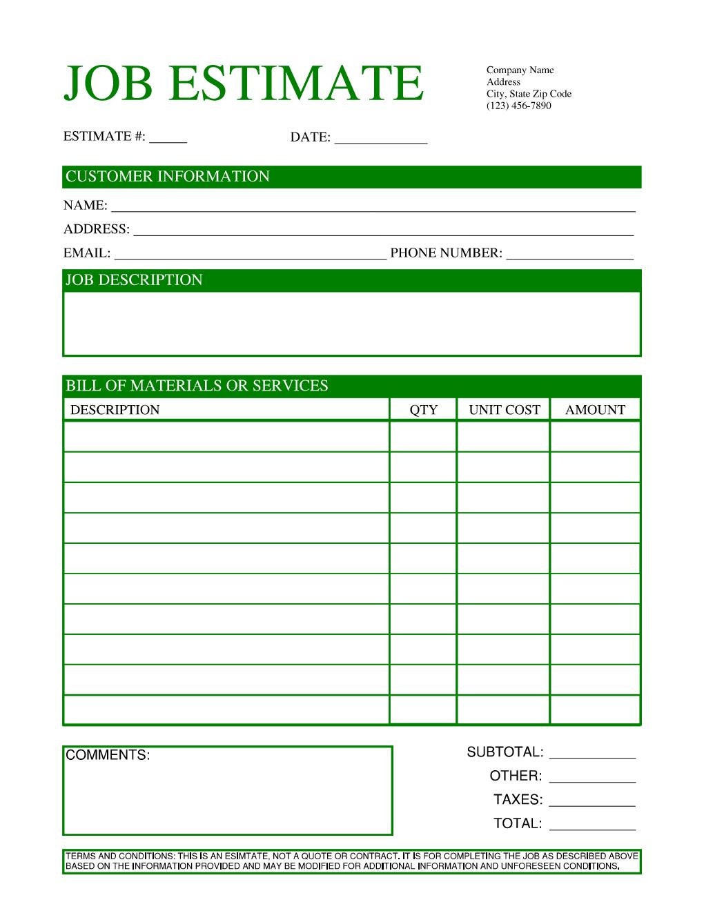 Green Construction Job Estimate Template - EDITABLE & PRINTABLE Pdf/doc ...