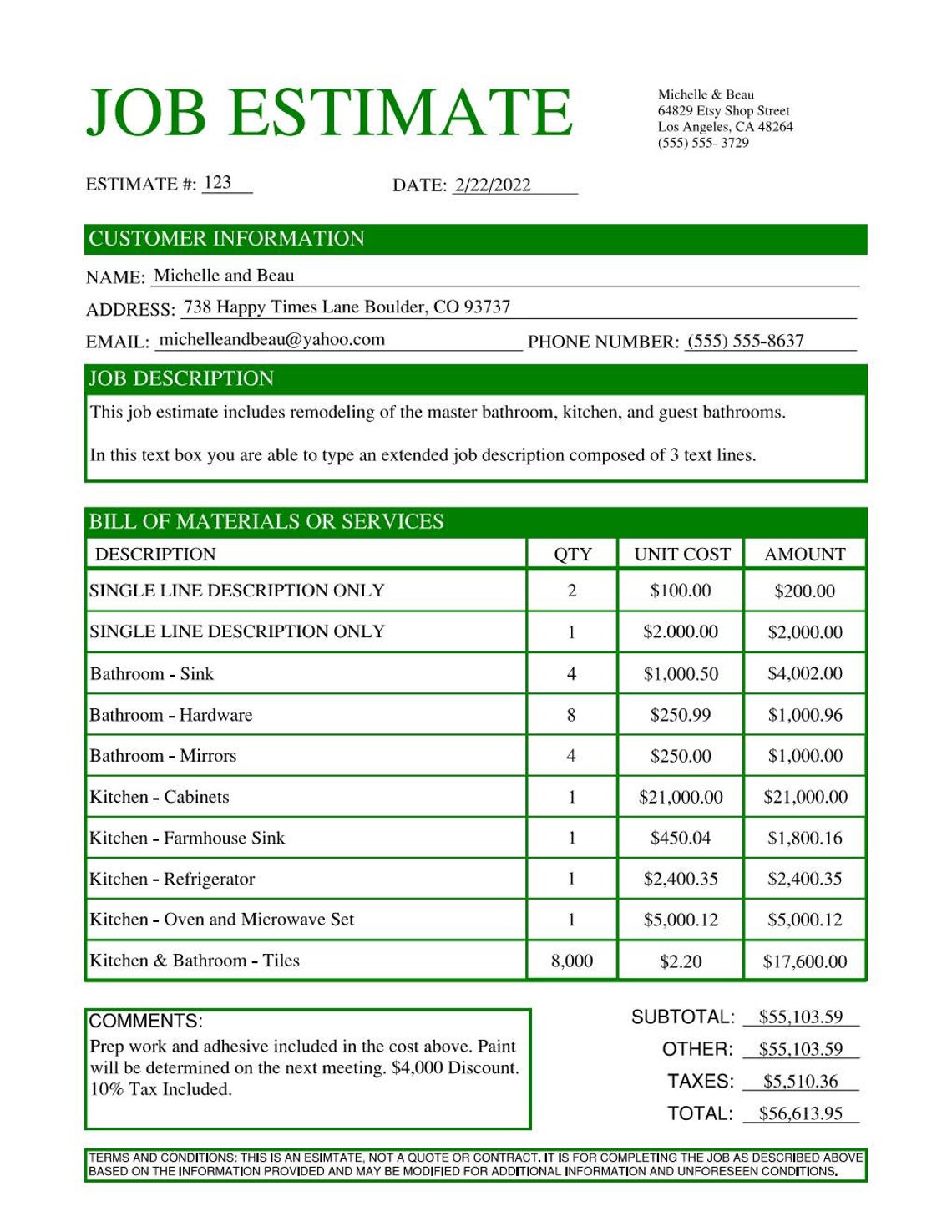 Green Construction Job Estimate Template - EDITABLE & PRINTABLE Pdf/doc ...
