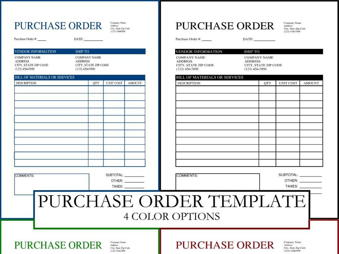 Purchase Order Template | 4 Color Options | Zip File | EDITABLE ...