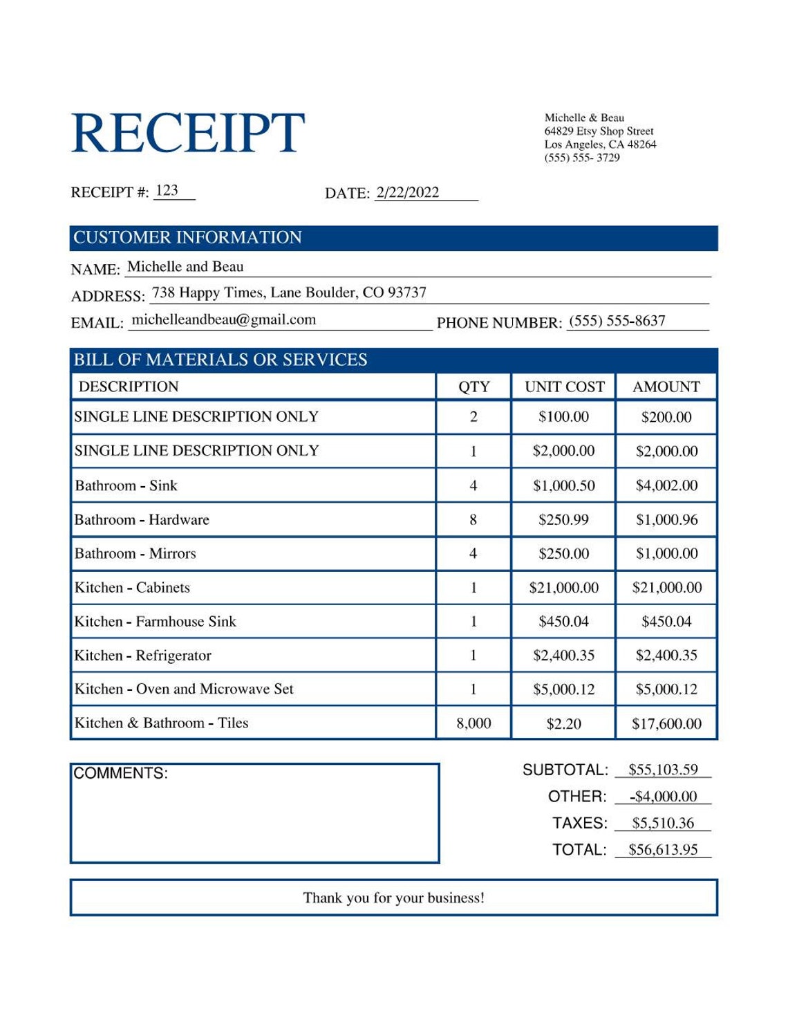 Navy Blue Receipt Template - EDITABLE & PRINTABLE Pdf/doc on Microsoft ...