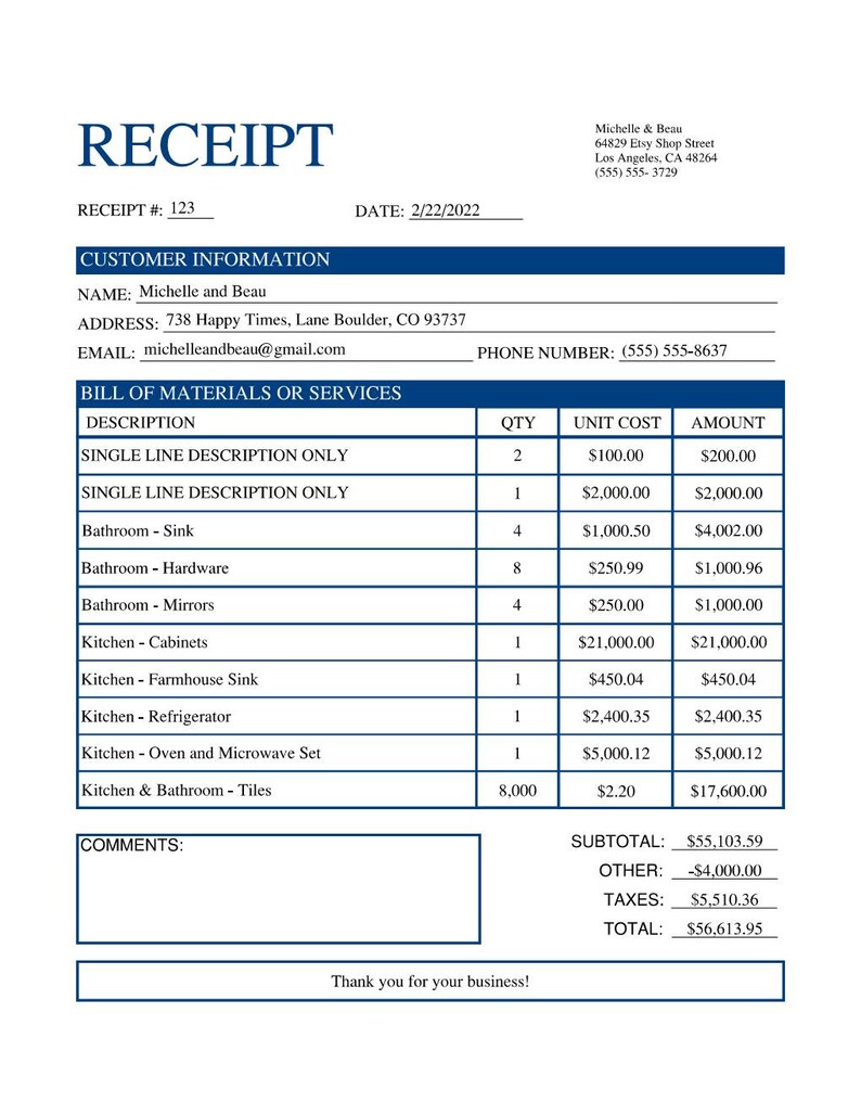 Navy Blue Receipt Template - EDITABLE & PRINTABLE Pdf/doc on Microsoft ...