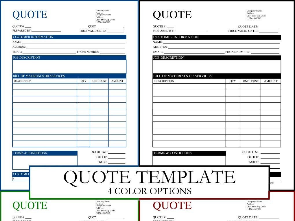 Quote Template | 4 Color Options | Zip File | EDITABLE & PRINTABLE Pdf ...