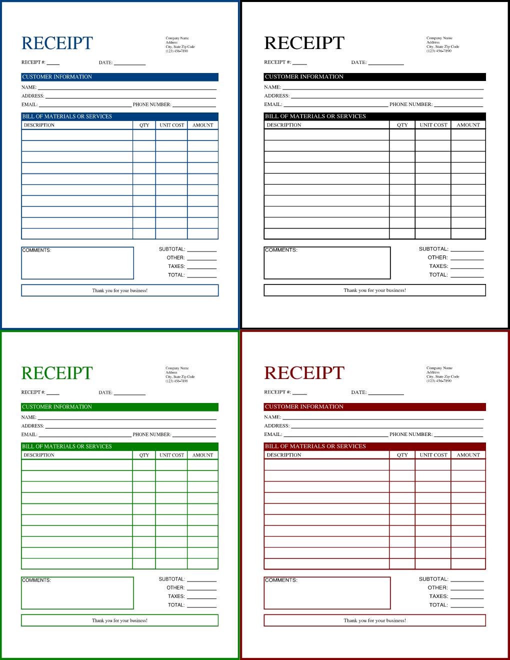 Receipt Template | 4 Color Options | Zip File | EDITABLE & PRINTABLE ...