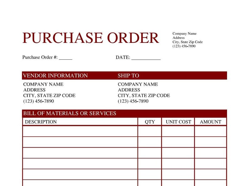 Dark Red Purchase Order Template - EDITABLE & PRINTABLE Pdf/doc on ...