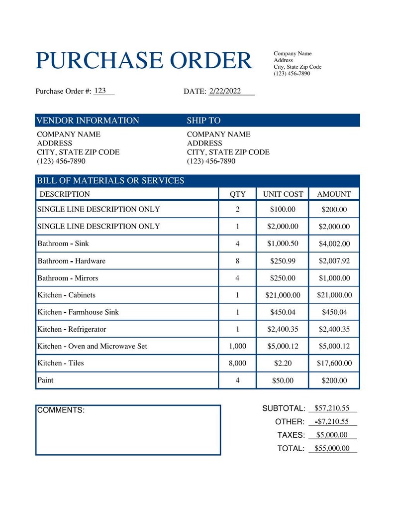 Navy Blue Purchase Order Template - EDITABLE & PRINTABLE Pdf/doc on ...