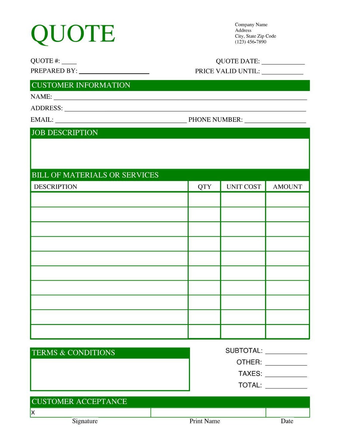Green Quote Template - EDITABLE & PRINTABLE Pdf/doc on Microsoft Edge/google Chrome/microsoft ...