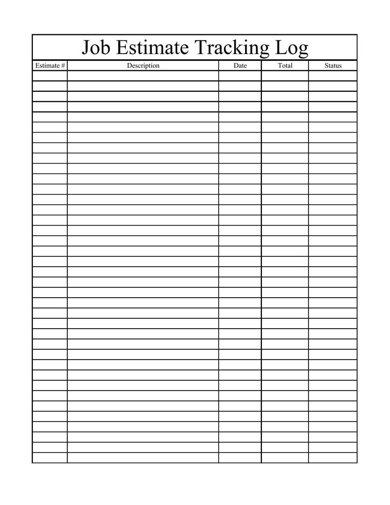 Construction Job Estimate Log Template - EDITABLE & PRINTABLE Pdf/doc ...