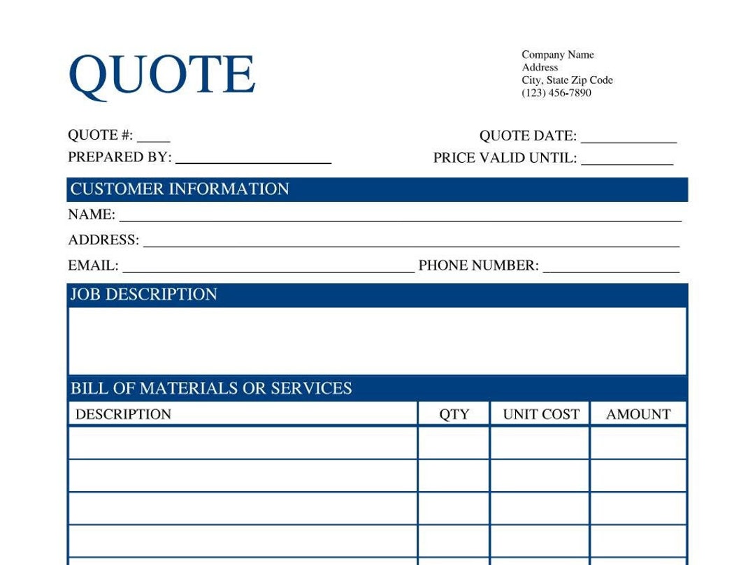 Navy Blue Quote Template - EDITABLE & PRINTABLE Pdf/doc on Microsoft ...