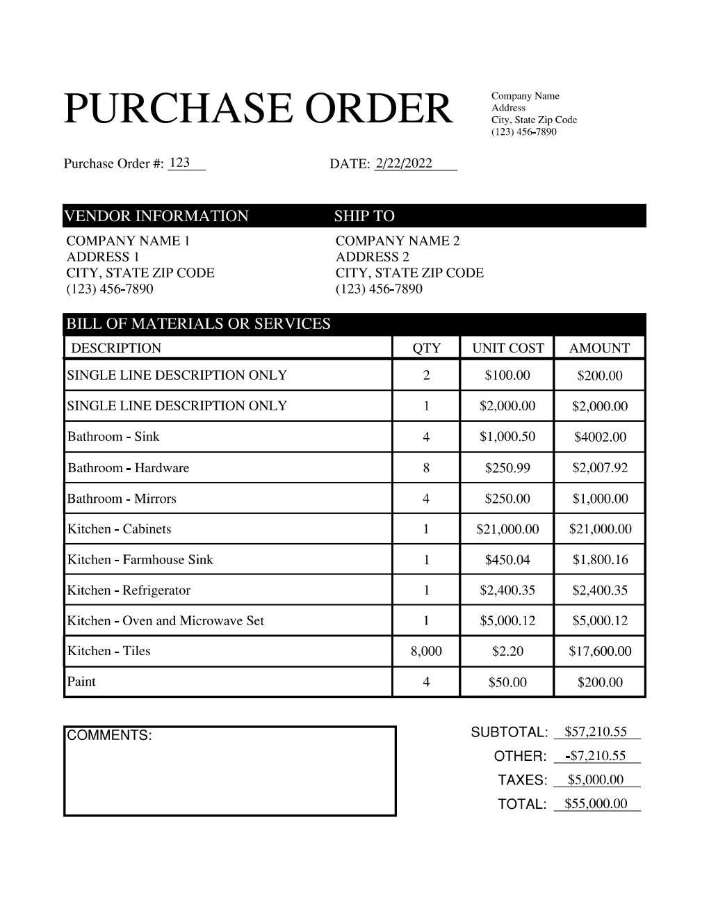 Purchase Order Template - EDITABLE & PRINTABLE Pdf/doc on Microsoft ...