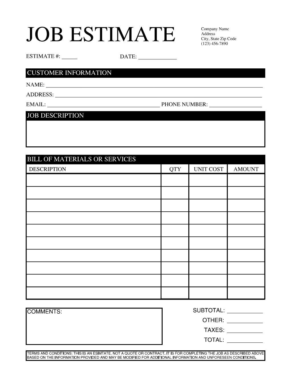 Construction Job Estimate Template - EDITABLE & PRINTABLE Pdf/doc on ...