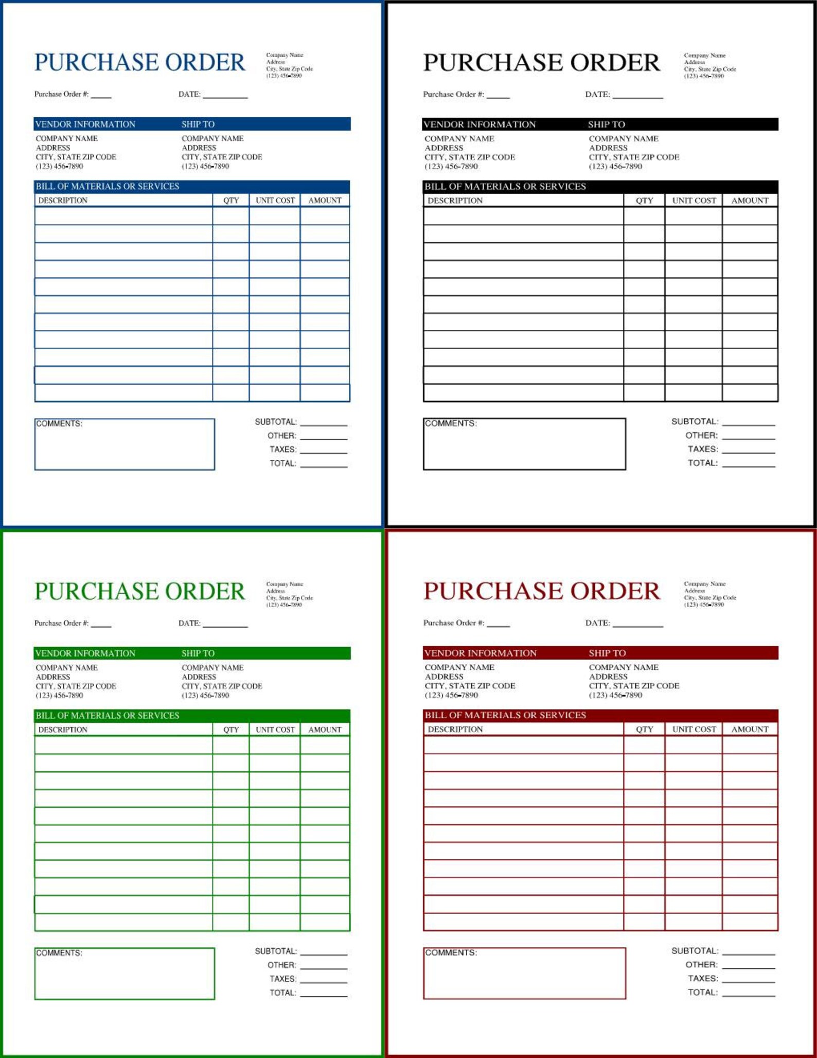 Purchase Order Template | 4 Color Options | Zip File | EDITABLE ...