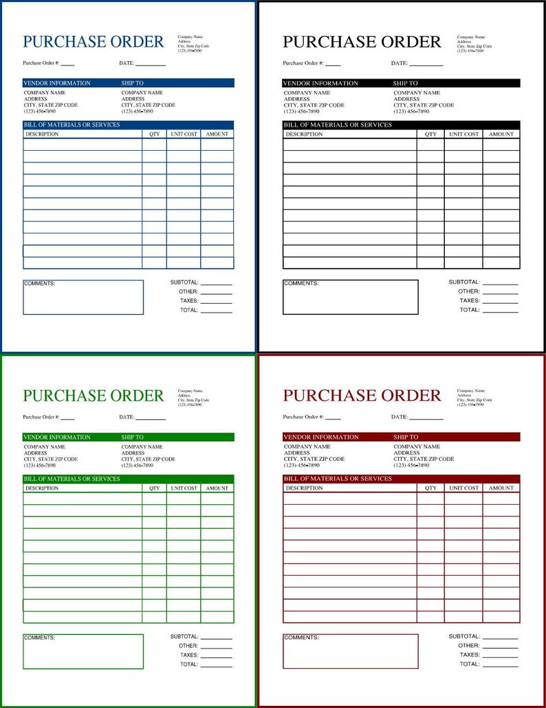 Purchase Order Template | 4 Color Options | Zip File | EDITABLE & PRINTABLE Pdf/doc on Microsoft ...