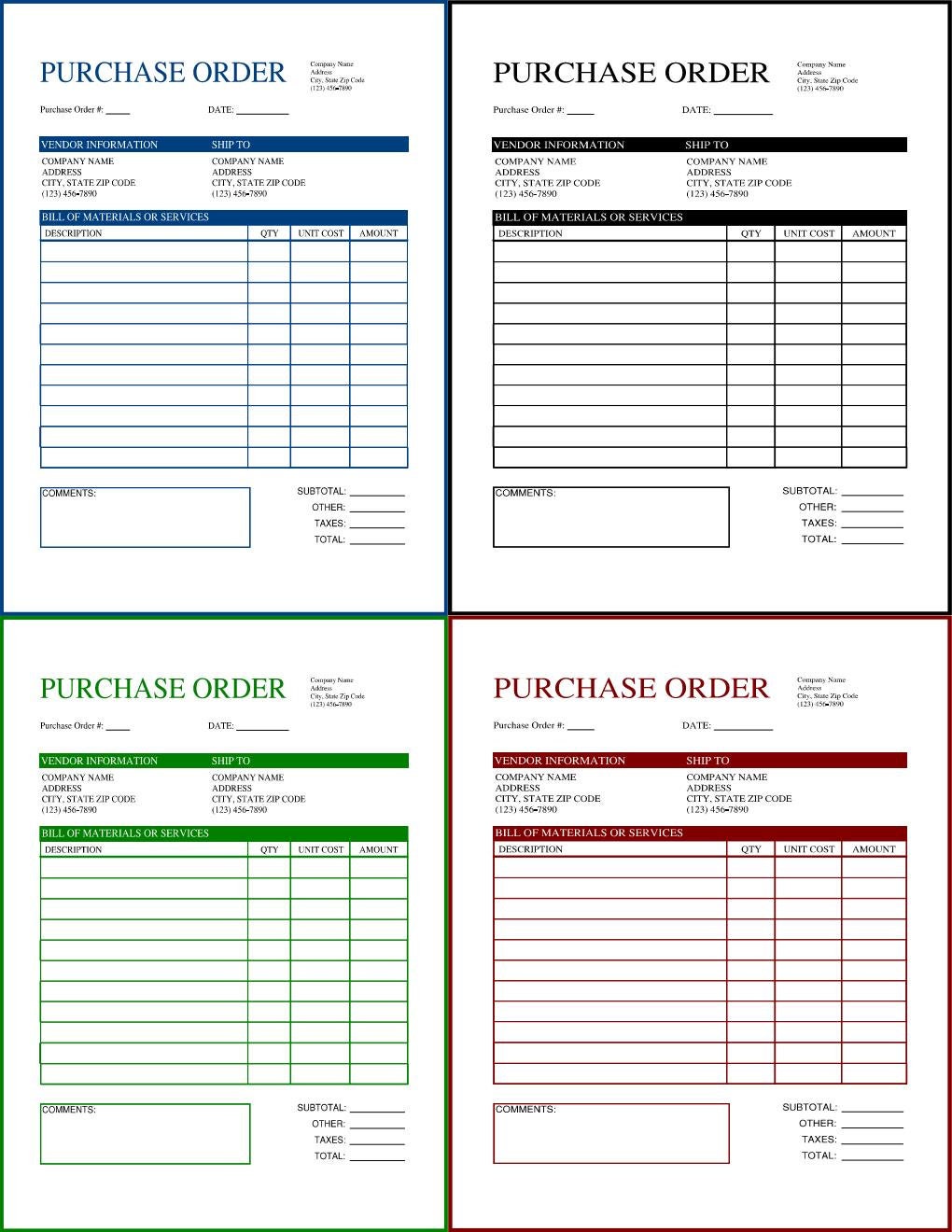 Purchase Order Template | 4 Color Options | Zip File | EDITABLE ...