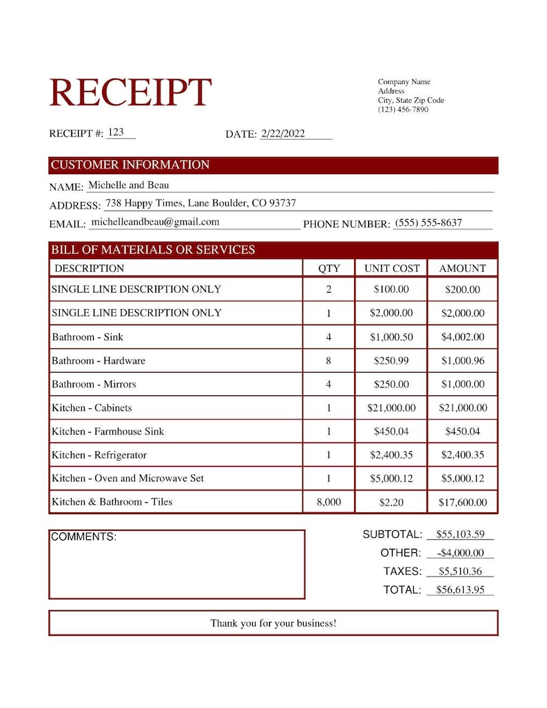 Receipt Template | 4 Color Options | Zip File | EDITABLE & PRINTABLE ...