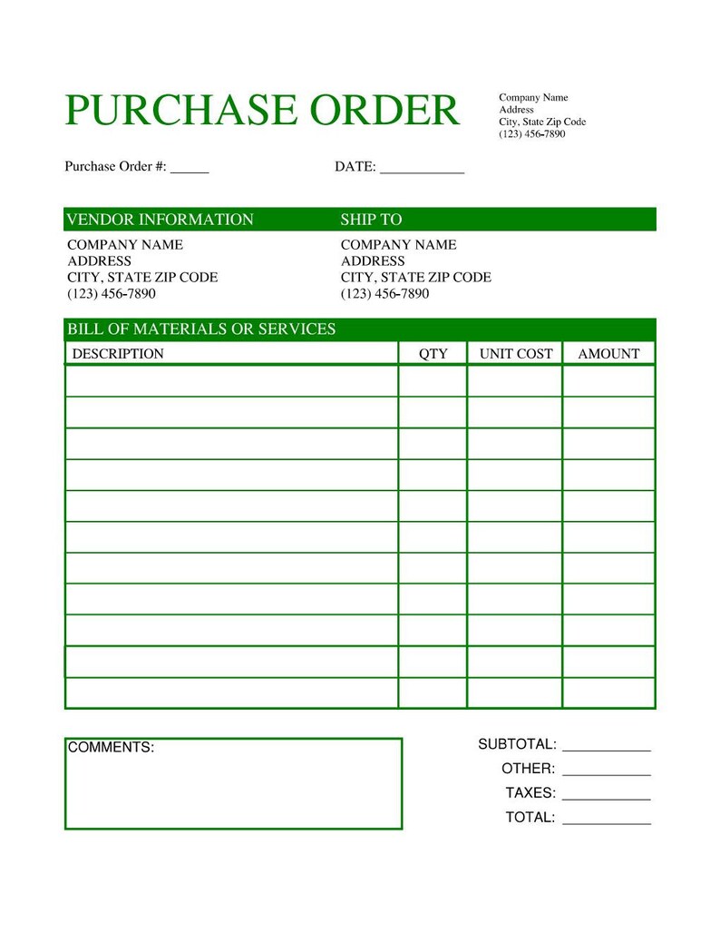 Green Purchase Order Template - EDITABLE & PRINTABLE Pdf/doc on ...