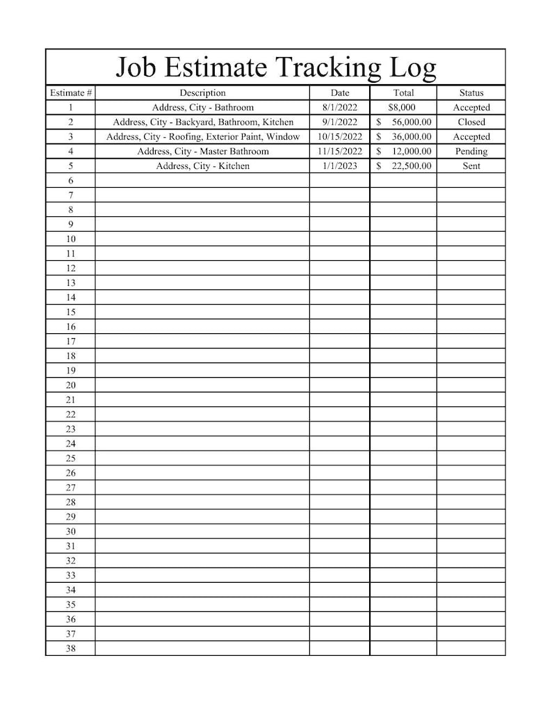 Construction Job Estimate Log Template - EDITABLE & PRINTABLE Pdf/doc on Microsoft Edge/google ...